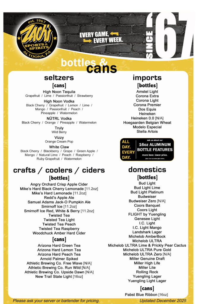 Drink Menus (Zach’s) – Zach's + Joe's