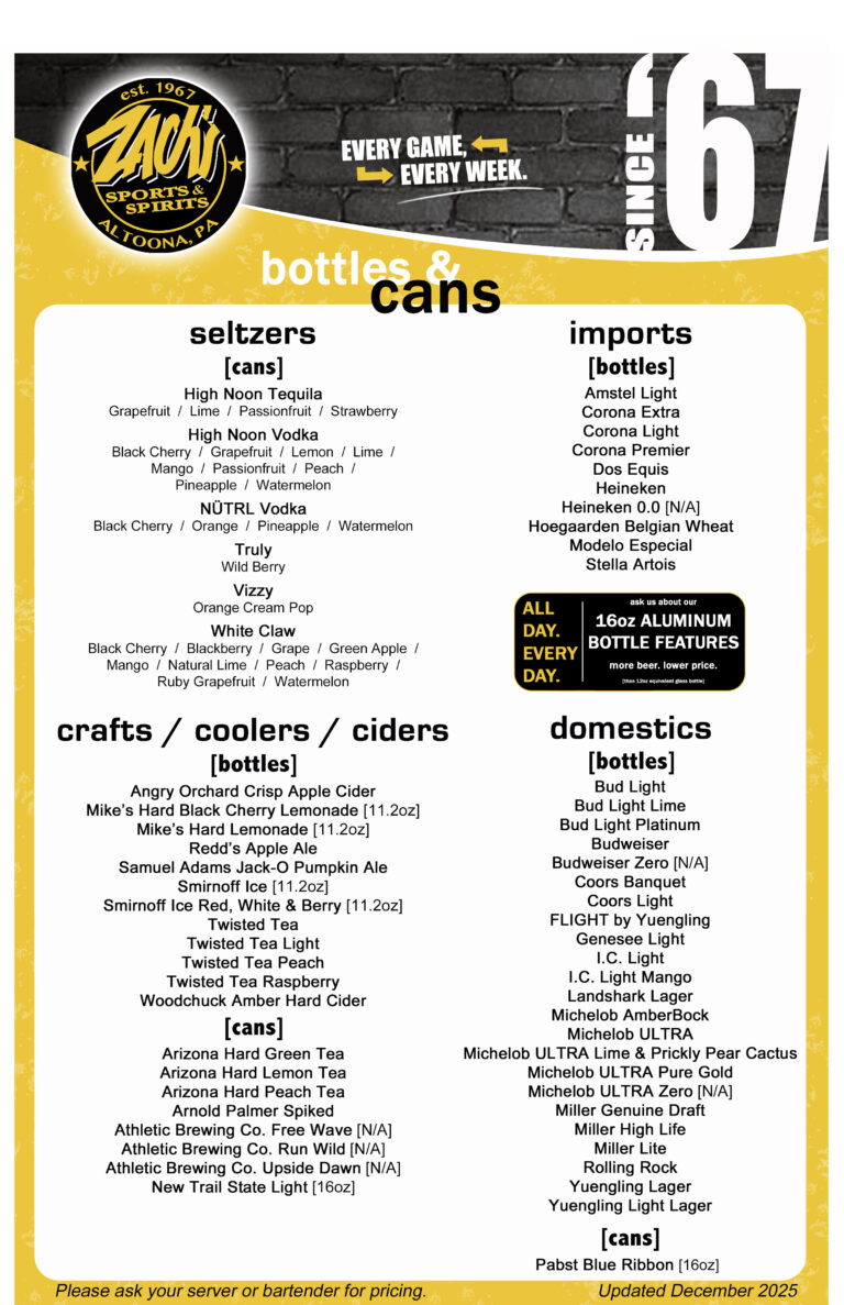 Drink Menus (Zach’s) – Zach's + Joe's